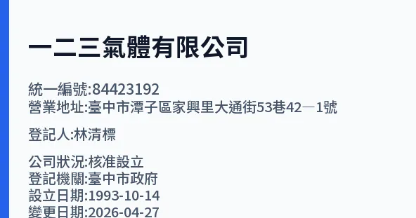 一二三氣體有限公司的照片-統編 84423192(臺中市) 公司登記資料與營業項目詳細圖表