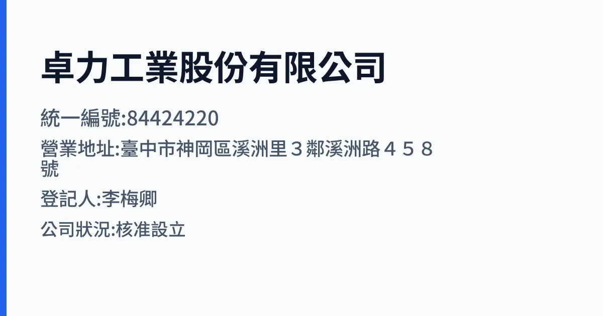 卓力工業股份有限公司 - 統編 84424220(臺中市) 公司登記資料與營業項目詳細圖表