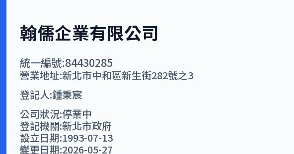 翰儒企業有限公司的照片-統編 84430285(新北市) 公司登記資料與營業項目詳細圖表