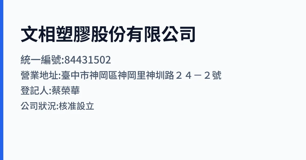 文相塑膠股份有限公司 - 統編 84431502(臺中市) 公司登記資料與營業項目詳細圖表