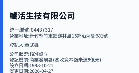 纖活生技有限公司的照片-統編 84437317(新竹縣) 公司登記資料與營業項目詳細圖表