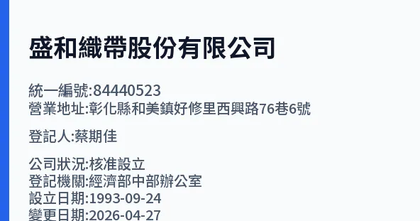 盛和織帶股份有限公司的照片-統編 84440523(彰化縣) 公司登記資料與營業項目詳細圖表