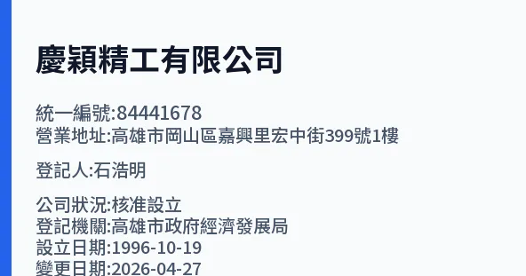 慶穎精工有限公司的照片-統編 84441678(高雄市) 公司登記資料與營業項目詳細圖表