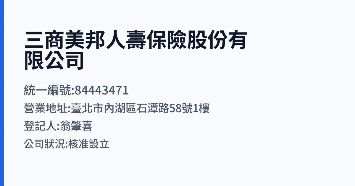 三商美邦人壽保險股份有限公司 - 統編 84443471(臺北市) 公司登記資料與營業項目詳細圖表