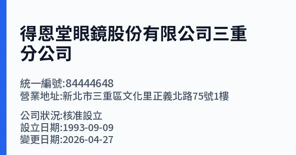 得恩堂眼鏡股份有限公司三重分公司的照片-統編 84444648(新北市) 公司登記資料與營業項目詳細圖表
