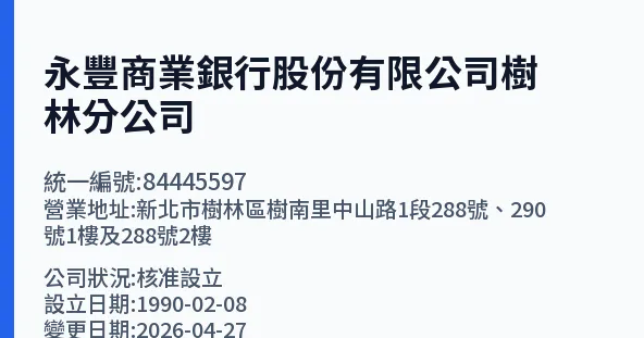 永豐商業銀行股份有限公司樹林分公司的照片-統編 84445597(新北市) 公司登記資料與營業項目詳細圖表