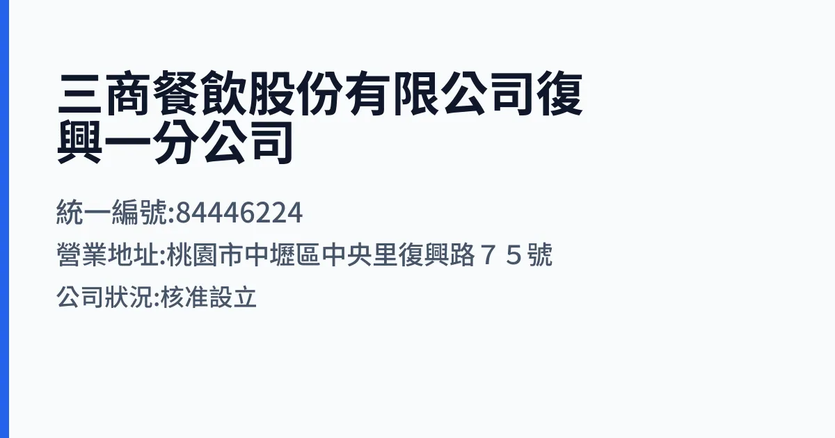 三商餐飲股份有限公司復興一分公司 - 統編 84446224(桃園市) 公司登記資料與營業項目詳細圖表