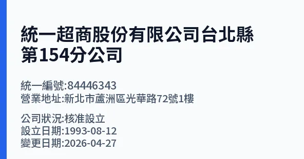 統一超商股份有限公司台北縣第154分公司的照片-統編 84446343(新北市) 公司登記資料與營業項目詳細圖表