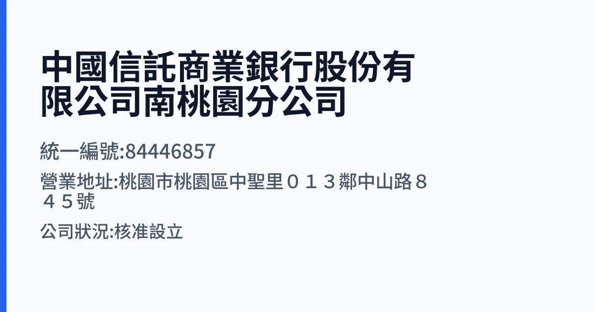 中國信託商業銀行股份有限公司南桃園分公司 - 統編 84446857(桃園市) 公司登記資料與營業項目詳細圖表