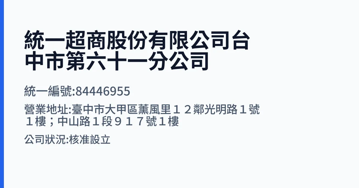 統一超商股份有限公司台中市第六十一分公司 - 統編 84446955（臺中市） 公司登記資料與營業項目詳細圖表