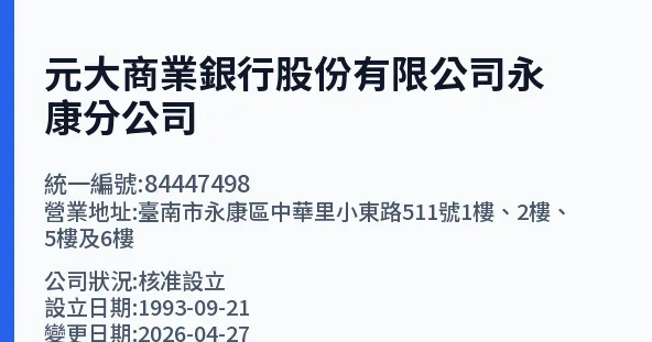 元大商業銀行股份有限公司永康分公司的照片-統編 84447498(臺南市) 公司登記資料與營業項目詳細圖表