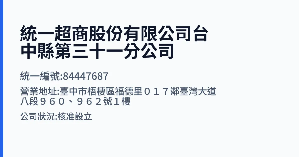 統一超商股份有限公司台中縣第三十一分公司 - 統編 84447687(臺中市) 公司登記資料與營業項目詳細圖表