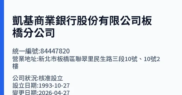 凱基商業銀行股份有限公司板橋分公司的照片-統編 84447820(新北市) 公司登記資料與營業項目詳細圖表