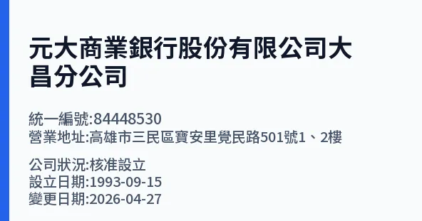 元大商業銀行股份有限公司大昌分公司的照片-統編 84448530(高雄市) 公司登記資料與營業項目詳細圖表