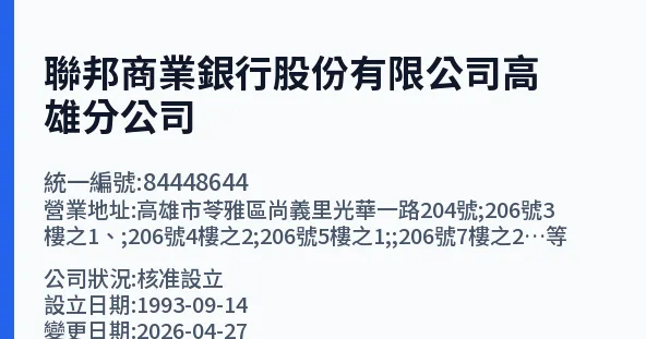 聯邦商業銀行股份有限公司高雄分公司的照片-統編 84448644(高雄市) 公司登記資料與營業項目詳細圖表