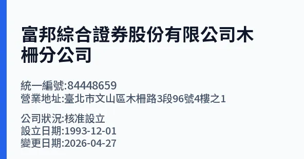 富邦綜合證券股份有限公司木柵分公司的照片-統編 84448659(臺北市) 公司登記資料與營業項目詳細圖表