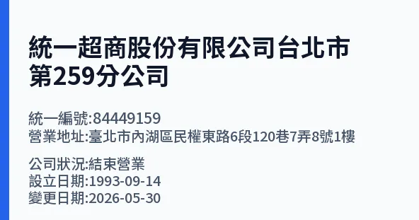 統一超商股份有限公司台北市第259分公司的照片-統編 84449159(臺北市) 公司登記資料與營業項目詳細圖表