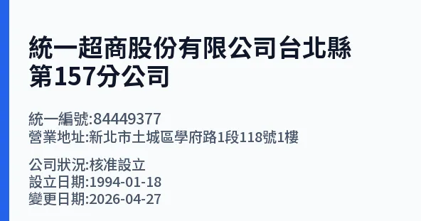 統一超商股份有限公司台北縣第157分公司的照片-統編 84449377(新北市) 公司登記資料與營業項目詳細圖表