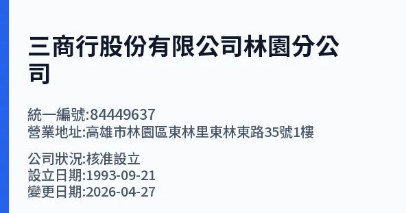 三商行股份有限公司林園分公司的照片-統編 84449637(高雄市) 公司登記資料與營業項目詳細圖表