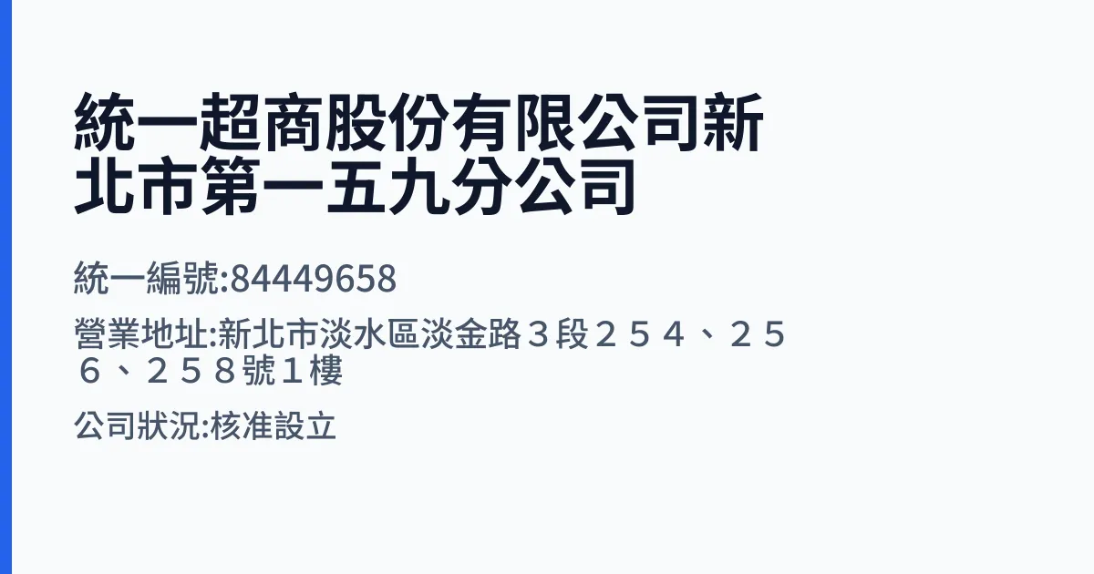 統一超商股份有限公司新北市第一五九分公司 - 統編 84449658(新北市) 公司登記資料與營業項目詳細圖表
