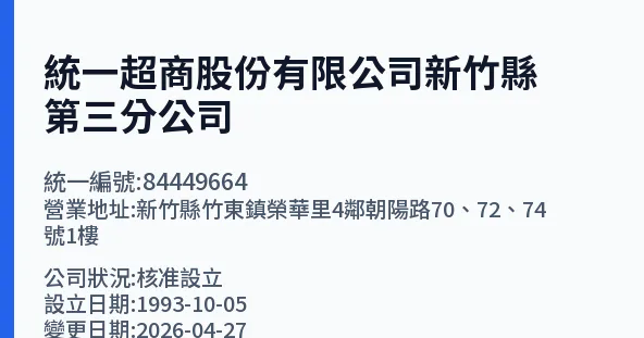 統一超商股份有限公司新竹縣第三分公司的照片-統編 84449664(新竹縣) 公司登記資料與營業項目詳細圖表