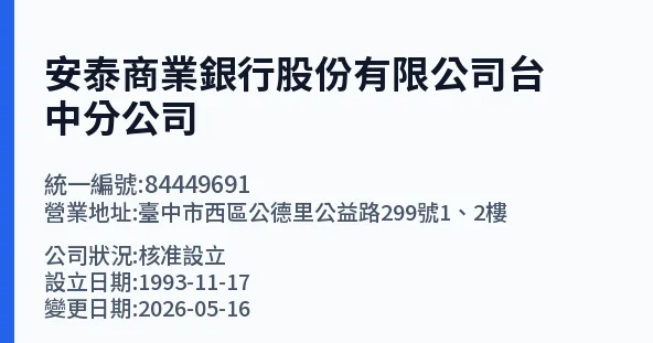 安泰商業銀行股份有限公司台中分公司的照片-統編 84449691(臺中市) 公司登記資料與營業項目詳細圖表