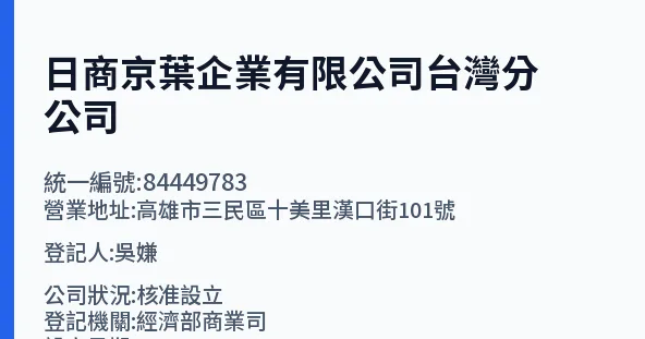日商京葉企業有限公司台灣分公司的照片-統編 84449783(高雄市) 公司登記資料與營業項目詳細圖表