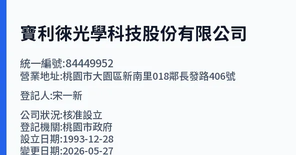 寶利徠光學科技股份有限公司的照片-統編 84449952(桃園市) 公司登記資料與營業項目詳細圖表