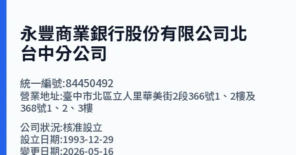 永豐商業銀行股份有限公司北台中分公司的照片-統編 84450492(臺中市) 公司登記資料與營業項目詳細圖表