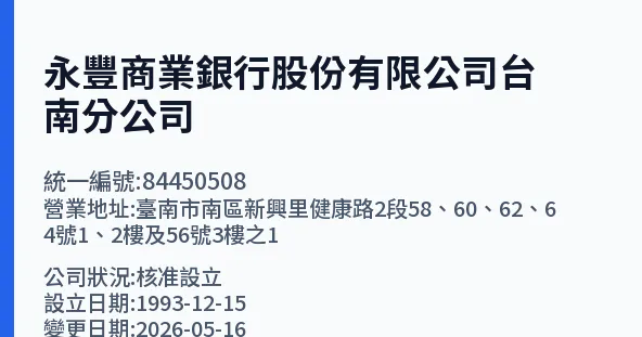 永豐商業銀行股份有限公司台南分公司的照片-統編 84450508(臺南市) 公司登記資料與營業項目詳細圖表