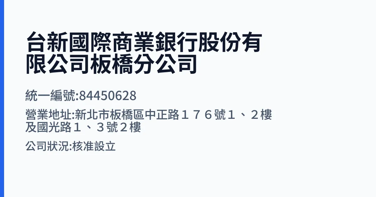 台新國際商業銀行股份有限公司板橋分公司 - 統編 84450628(新北市) 公司登記資料與營業項目詳細圖表