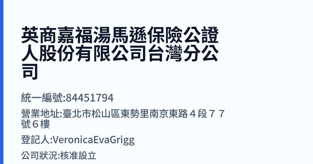 英商嘉福湯馬遜保險公證人股份有限公司台灣分公司 - 統編 84451794(臺北市) 公司登記資料與營業項目詳細圖表