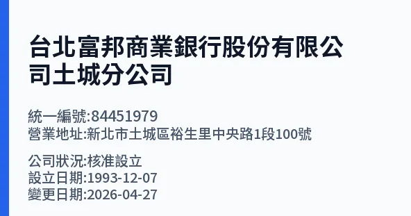 台北富邦商業銀行股份有限公司土城分公司的照片-統編 84451979(新北市) 公司登記資料與營業項目詳細圖表