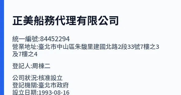 正美船務代理有限公司的照片-統編 84452294(臺北市) 公司登記資料與營業項目詳細圖表