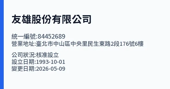 友雄股份有限公司的照片-統編 84452689(臺北市) 公司登記資料與營業項目詳細圖表