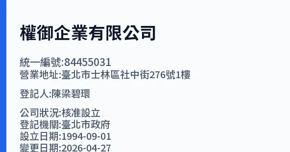 權御企業有限公司的照片-統編 84455031(臺北市) 公司登記資料與營業項目詳細圖表