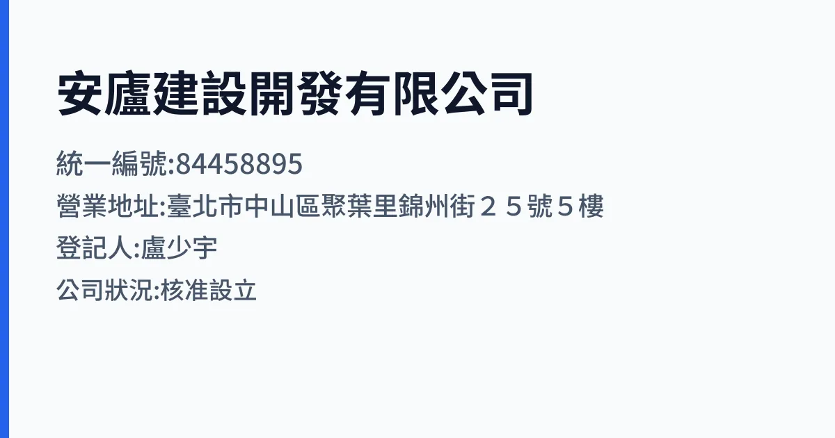 安廬建設開發有限公司 - 統編 84458895(臺北市) 公司登記資料與營業項目詳細圖表