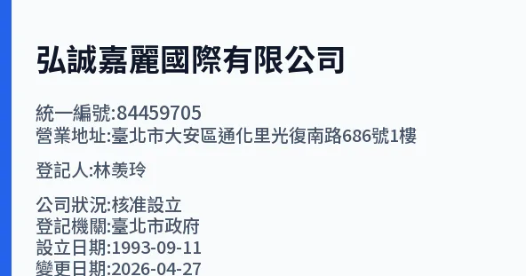 弘誠嘉麗國際有限公司的照片-統編 84459705(臺北市) 公司登記資料與營業項目詳細圖表