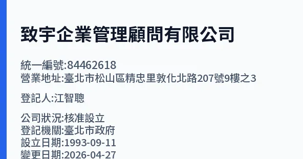 致宇企業管理顧問有限公司的照片-統編 84462618(臺北市) 公司登記資料與營業項目詳細圖表