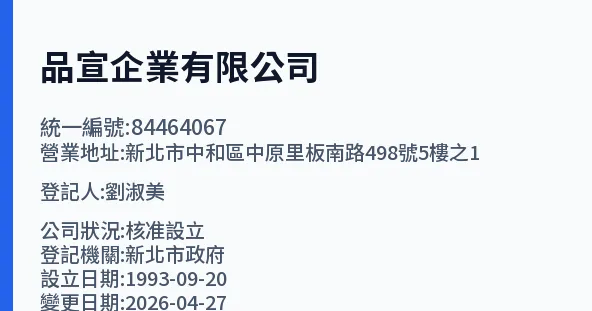品宣企業有限公司的照片-統編 84464067(新北市) 公司登記資料與營業項目詳細圖表