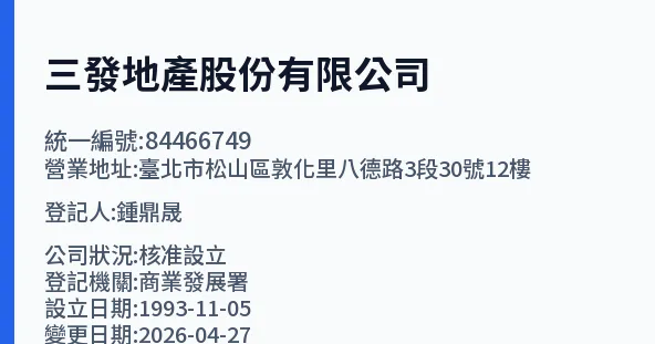 三發地產股份有限公司的照片-統編 84466749(臺北市) 公司登記資料與營業項目詳細圖表