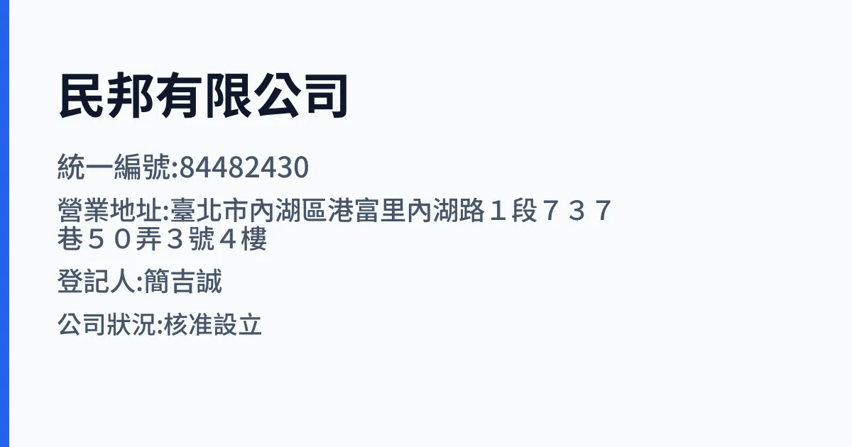 民邦有限公司 - 統編 84482430(臺北市) 公司登記資料與營業項目詳細圖表
