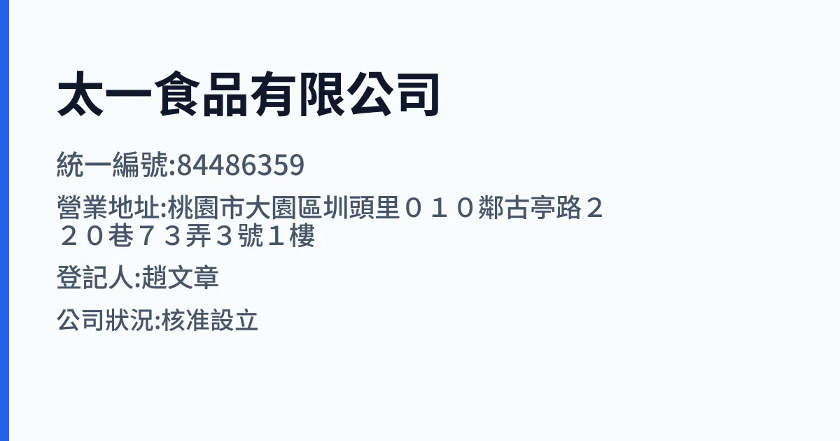 太一食品有限公司 - 統編 84486359(桃園市) 公司登記資料與營業項目詳細圖表