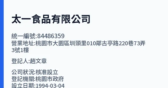 太一食品有限公司的照片-統編 84486359(桃園市) 公司登記資料與營業項目詳細圖表