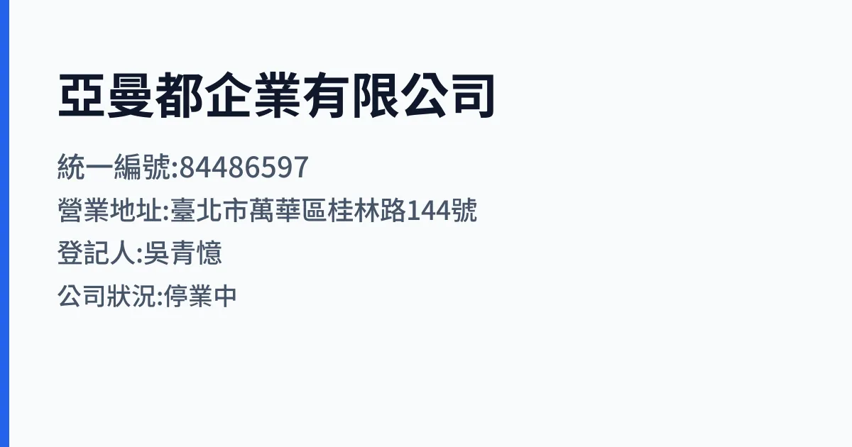 亞曼都企業有限公司 - 統編 84486597(臺北市) 公司登記資料與營業項目詳細圖表