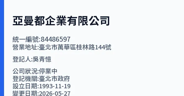 亞曼都企業有限公司的照片-統編 84486597(臺北市) 公司登記資料與營業項目詳細圖表