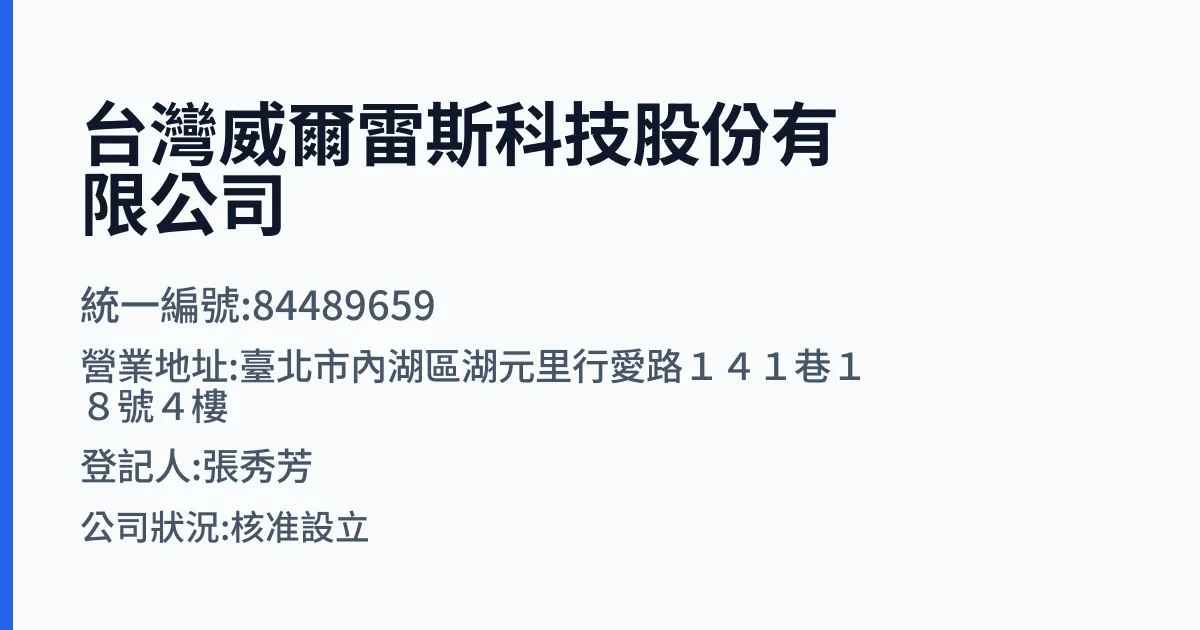 台灣威爾雷斯科技股份有限公司 - 統編 84489659(臺北市) 公司登記資料與營業項目詳細圖表