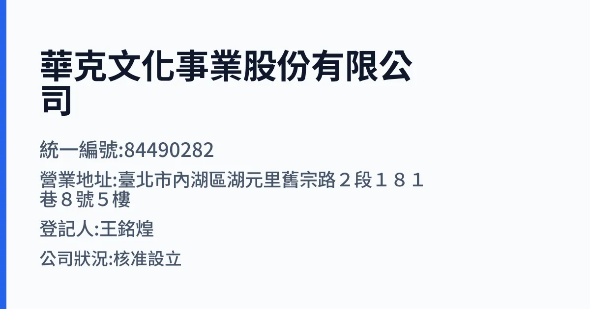 華克文化事業股份有限公司 - 統編 84490282(臺北市) 公司登記資料與營業項目詳細圖表