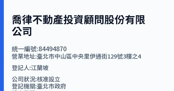 喬律不動產投資顧問股份有限公司的照片-統編 84494870(臺北市) 公司登記資料與營業項目詳細圖表