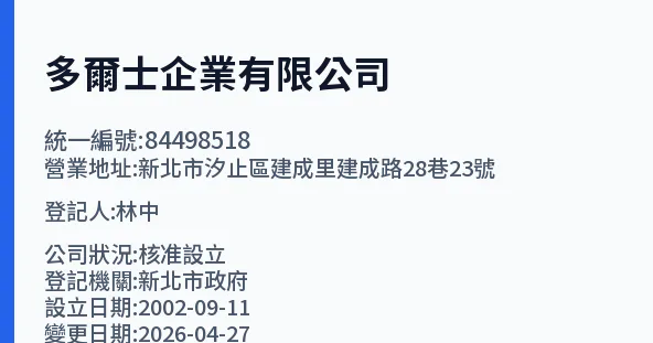 多爾士企業有限公司的照片-統編 84498518(新北市) 公司登記資料與營業項目詳細圖表